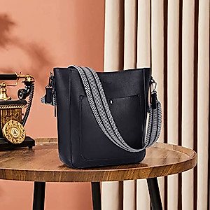 HKCLUF Crossbody Bags for Women Vegan Leather Boho Bucket Bag With 2PCS Replacement Leopard Guitar Strap Crossbody Purse and Handbags(Black)