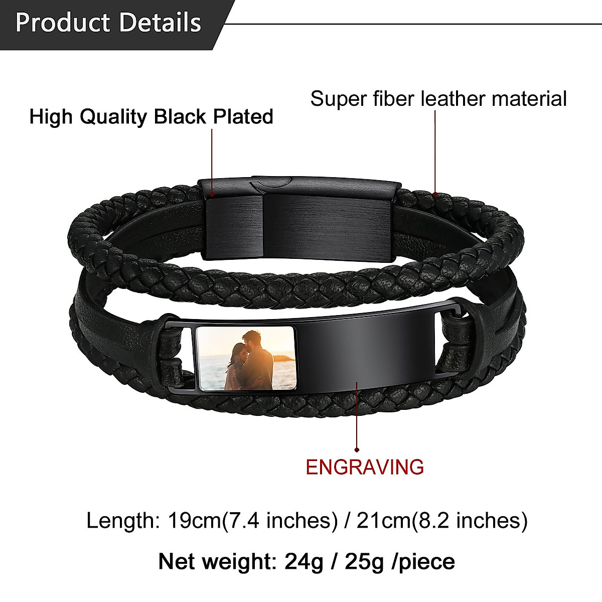 U7 Fathers Gift Bracelet with Picture Side, Braided Black Leather Cuff Bracelet Personalized Photo Printing Custom Engraved Bar Layered Wrap Bracelets for Men Women