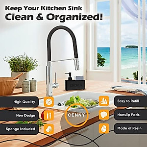 All in One New 2023 Cenný Kitchen Accessories Gift Set for Home and RV Essentials Countertop Dish Soap Dispenser with Sponge Holder Silicone Squeegee Sink Strainer & Stopper Towel Hooks Black