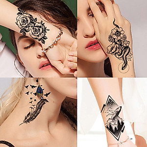 Shegazzi 63 Sheets 3D Flower Temporary Tattoos For Women Girl, 12 Sheets Realistic Sexy Rose Peony Floral Fake Tattoo Sticker Adult, 52 Sheets Small Black Snake Letter Anchor Infinity Tatoos Neck Arm
