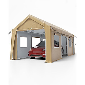 DEXSO Carport 10'x20' Heavy Duty Portable Garage, 1.0 mm Steel Poles & 180 g PE Waterproof Canopy, with Front & Rear Doors, 2 Side Doors, and 4 Windows, for Pickup Truck, and Boat, Khaki
