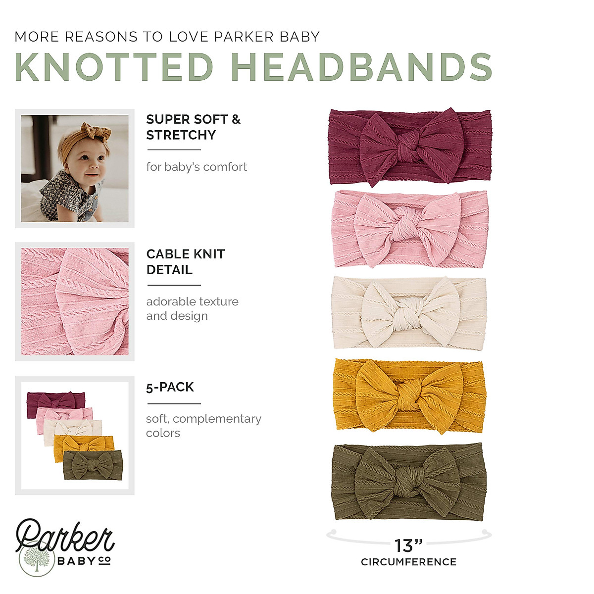 Parker Baby Girl Headbands - 5 Pack of Cable Knit Nylon Bows for Girls -"Matilda Set"