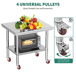 YITAHOME NSF Stainless Steel Table, 30" X 24" Work Table with Wheels, 2 Shelves Metal Table Prep Table for Home Kitchen Restaurant Garage Warehouse Outdoor