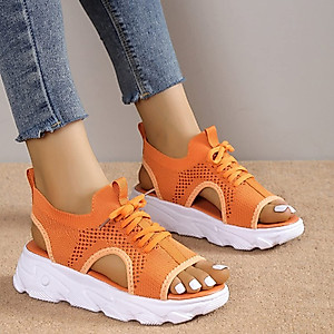 YChao Women's Lace Up Muffin Sandals, Orthopedic Sandals for Women, 2024 Summer Mesh Open Toe Platform Wedge Sandals Causal Walking Sandals,Orange,US10/EU42