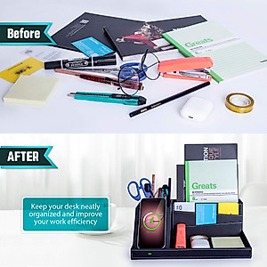 Valet Tray, Built in Wireless Charging Pad, Nightstand Organizer, Dresser Organizer, Mens Jewelry Box, Valet Charging Station, Faux Leather Valet Tray for Men and Women (Black+Wireless)