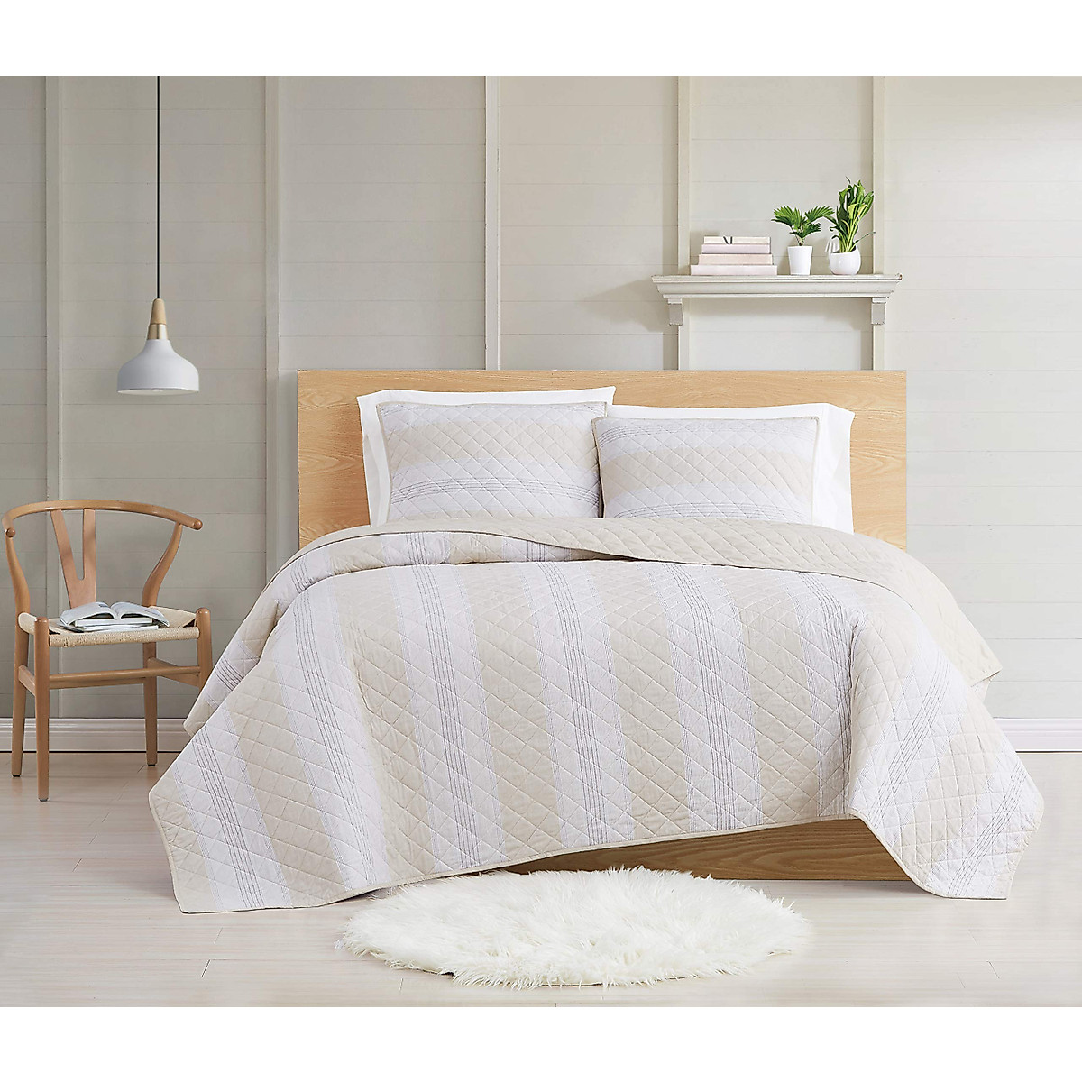 Cottage Classics 3-Piece 100% Cotton Face Quilt and Sham Set Farmhouse Style Textured Horizontal Stripe, Full/Queen, Tan