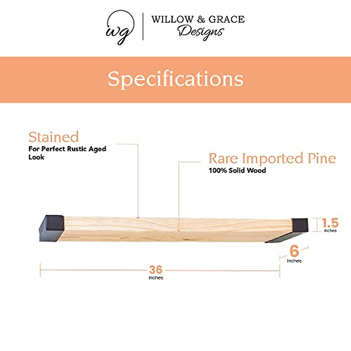 Willow & Grace Wooden Rustic Farmhouse Easily Mounted Floating Wall Shelves for Home Living Rooms and Bedrooms, Natural, 36 Inch, (Set of 2)