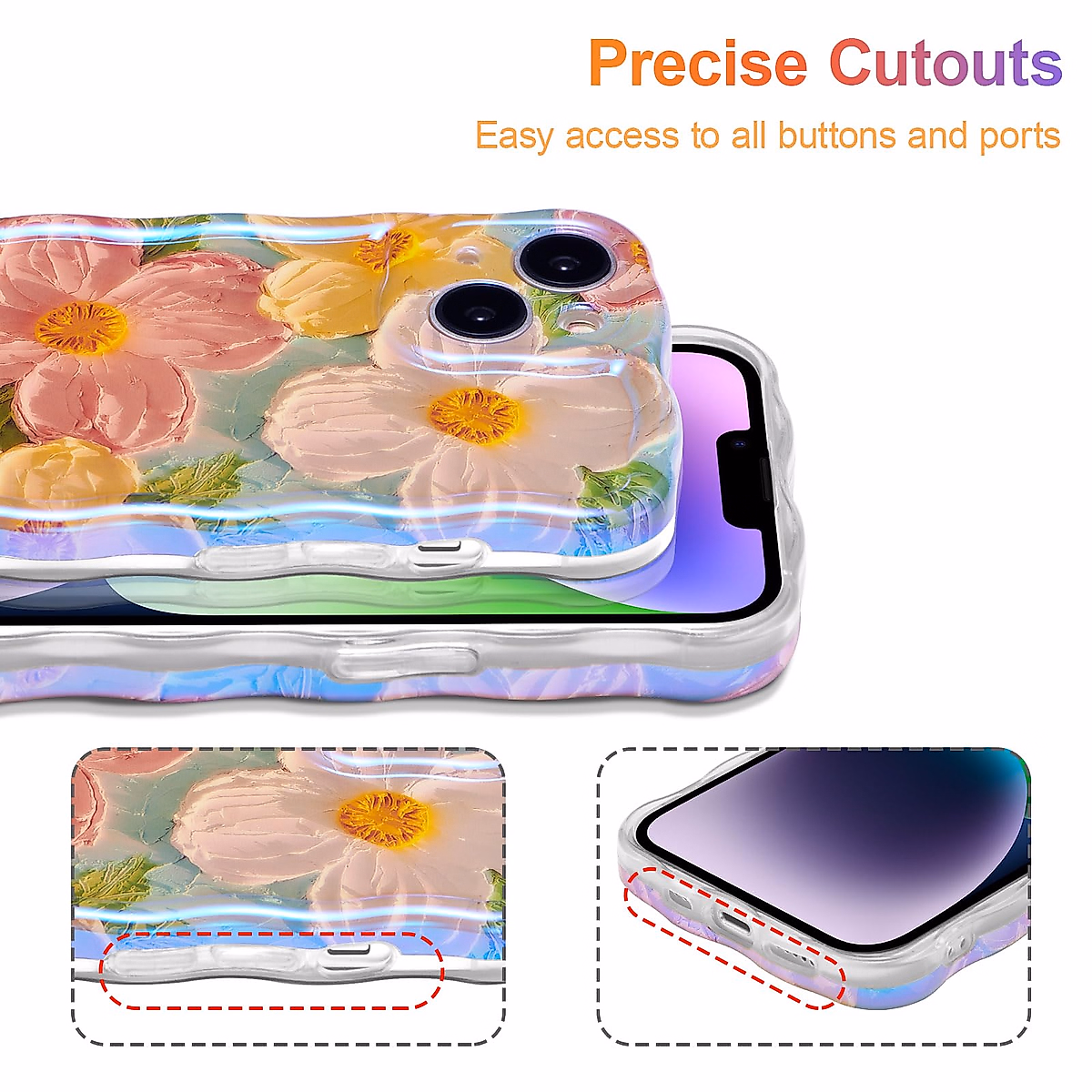 EYZUTAK Case for iPhone 14, Colorful Retro Oil Painting Printed Flower Laser Beam Glossy Pattern Cute Curly Waves Border Exquisite Phone Cover Stylish Durable TPU Protective Case for Girls Women-Green