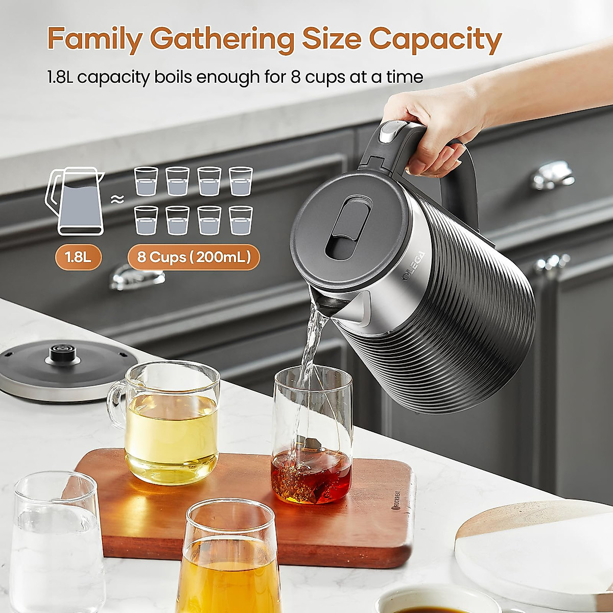 OLEGA Electric Kettle - 1500W Fast Boiling Electric Tea Kettle 1.8L BPA-Free Stainless Steel Hot Water Kettle Electric for Boiling Water Auto Shut Off Electric Water Kettle for Coffee Tea 120V