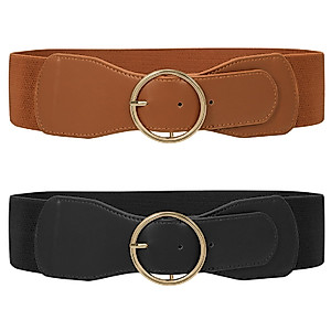 WERFORU Women Elastic Stretchy Wide Belt for Dress Ladies Stretch Thick Waist Belt with Gold O Ring Buckle, Black+Brown