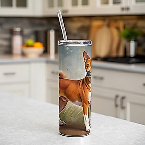 Basenji Dog Illustration Skinny Tumbler 20oz with Straw Insulated Water Bottle Gift