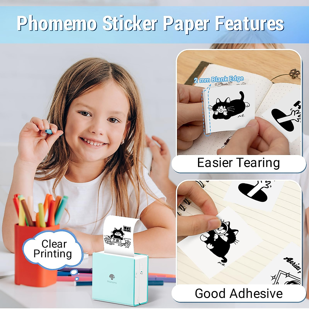 Phomemo White Self-Adhesive Thermal Paper, Glossy Printable Sticker Paper for Phomemo M02/M02 Pro/M02S/M03 Bluetooth Pocket Mobile Printer, Black on White, 50mm x 3.5m, Diameter 30mm, 3-Rolls