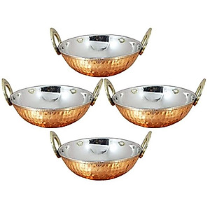 Nexxa -Set of 4, Indian Copper Serveware Karahi Vegetable Dinner Bowl with Handle for Indian Food, Diameter 13 Cm Approx