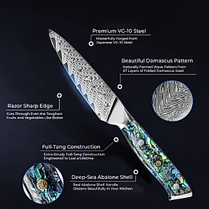 SENKEN Damascus Steel 3.5" Paring Knife with Real Deep-Sea Abalone Shell Handle - Damascus Peeling Knife - 67-Layer Japanese VG10 Forged Steel Blade, Integrated Full-Tang Molding (3.5" Paring Knife)