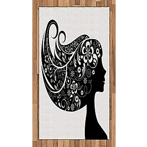 Ambesonne Spring Vibes Area Rug, Traditional Floral Pattern Ornate Lady Silhouette Print on Plain Back, Flat Woven Accent Rug for Living Room Bedroom Dining Room, 2' 6" x 5', Charcoal Grey White