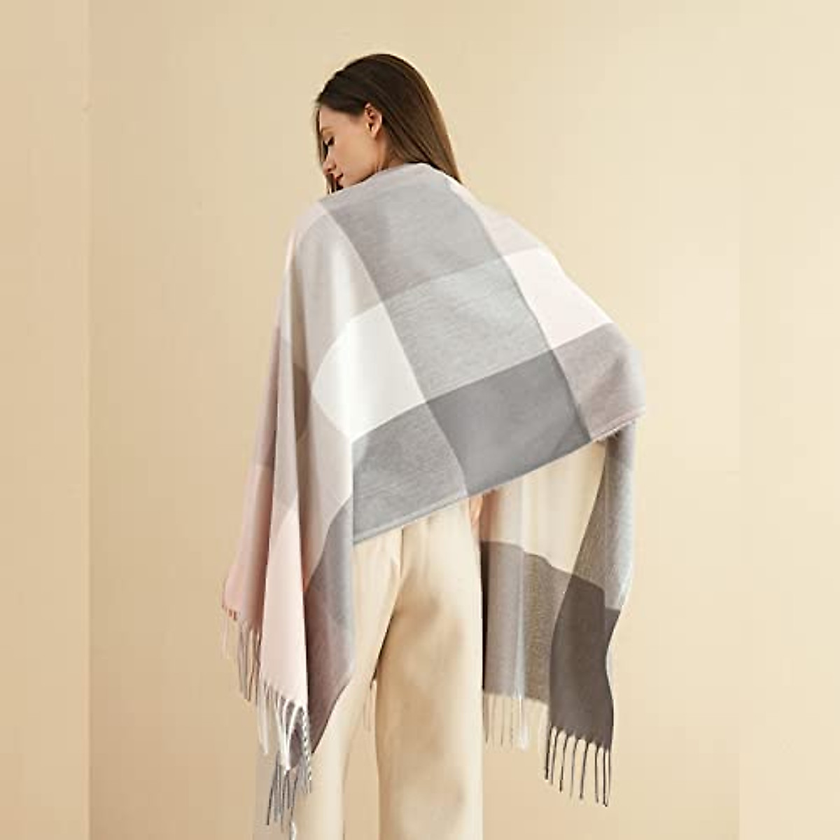 Sumato Scarf for Women Fall Winter Lightweight Shawl Wraps Long Blanket Women Scarves Warm Soft Cashmere Feel Plaid Pattern Tassel Grey