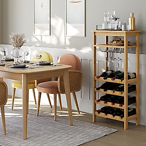 Bamboo Wine Rack, Wine Rack Freestanding Floor with Glass Holder Rack, Tabletop & 16 Bottles Holder, Wine Display Storage Stand for Kitchen, Office, Bar