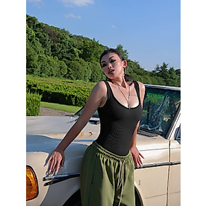 OQQ Women's 3 Piece Bodysuits Sexy Ribbed Sleeveless Square Neck Tank Tops Leotard 2025 Trendy Outfits Black Coffee Beige