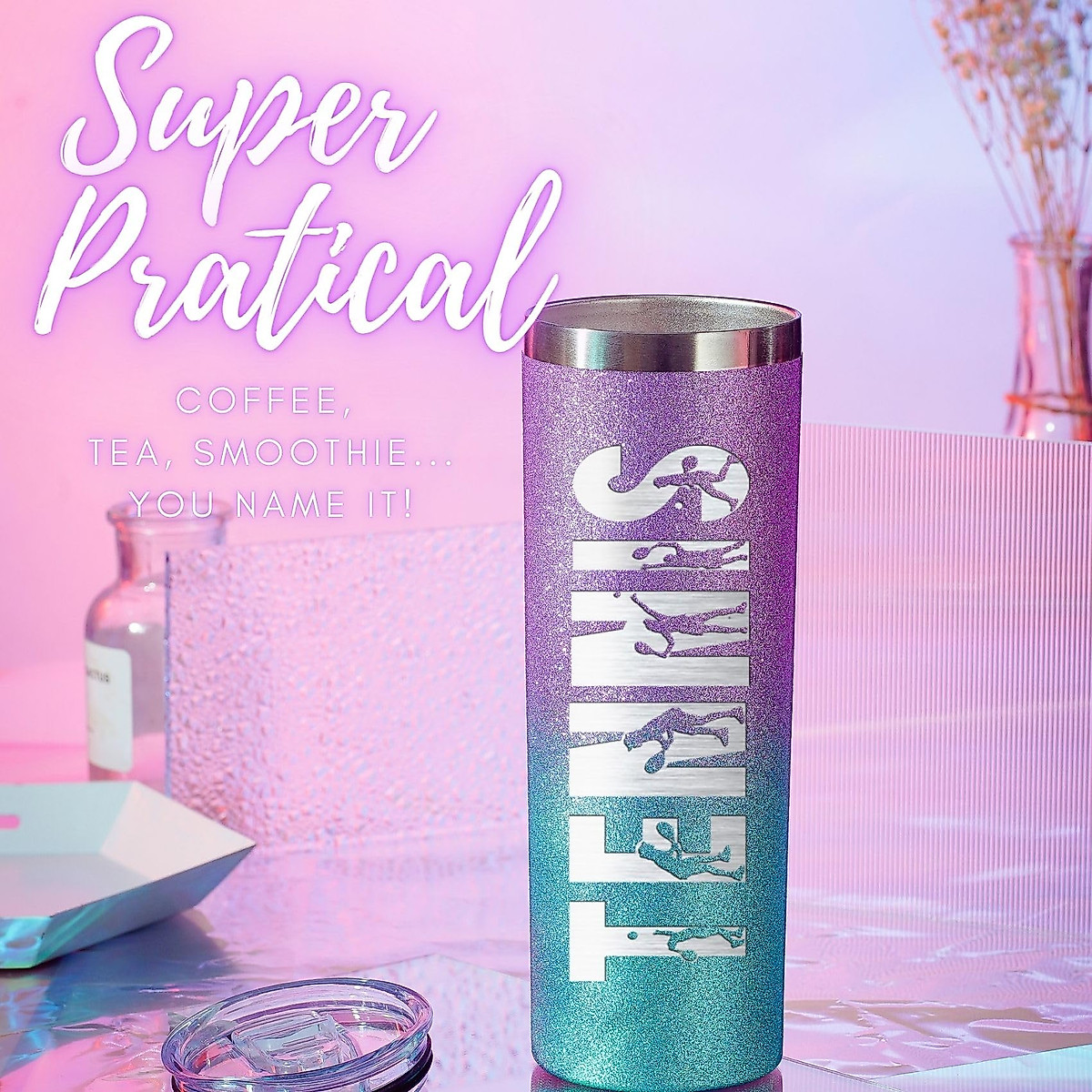 Onebttl Tennis Gifts for Women, Tennis Lovers, Tennis-Themed 20oz Stainless Steel Tumbler, Perfect for Men, Women, Girls, Tennis Players, Coach, Daughter, Coworker - Glitter