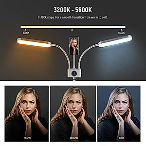 NEEWER Esthetician Light with Phone Holder & Travel Bag Kit, Support 2.4G/PC/MAC Control & Separate Control of 2 LED Light Heads, CRI98+ Bi Color Stepless Dimmable Tattoo Lighting Lash Lamp, BH40B