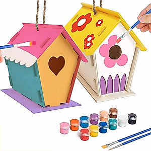 Yitokmc 2 Set Unfinished Wooden Birdhouses Kit for Children to Build and Paint Bird House Kids DIY Arts Crafts Kits Bird Feeder Kit for Girls Boys Toddlers