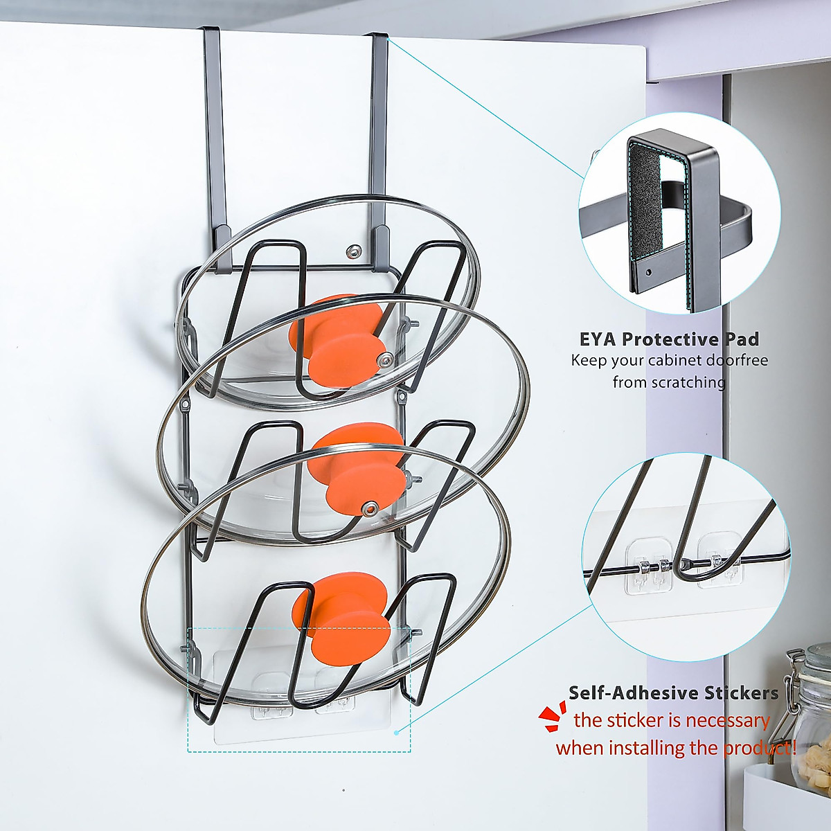 YIGII 2 Pack Cabinet Door Pot Lid Organizer/Pot Lid Holder - Over the Door Lid Organizer for Storage Pot And Pan Cover, Inside the Cabinet-Hanging 6-Tier Pot Lid Rack, Black