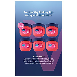 Vaseline Lip Therapy Rosy Lips Mini, Pure Petroleum Jelly, Advanced Moisture, Light Rose Fragrance, Sheer Pink Tint on Lips, Mini Vaseline Petroleum Jelly, Soft Vaseline Lips (Pack of 6-0.25 Oz Ea)