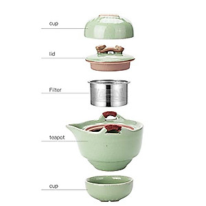 Travel Ceramic Tea Pot Set, Chinese Kung Fu Teapot 1 Pot 2 Mini Cup Porcelain Gongfu Teacups with Infuser Portable Bag All in One for Picnic Outdoor Camping Hotel