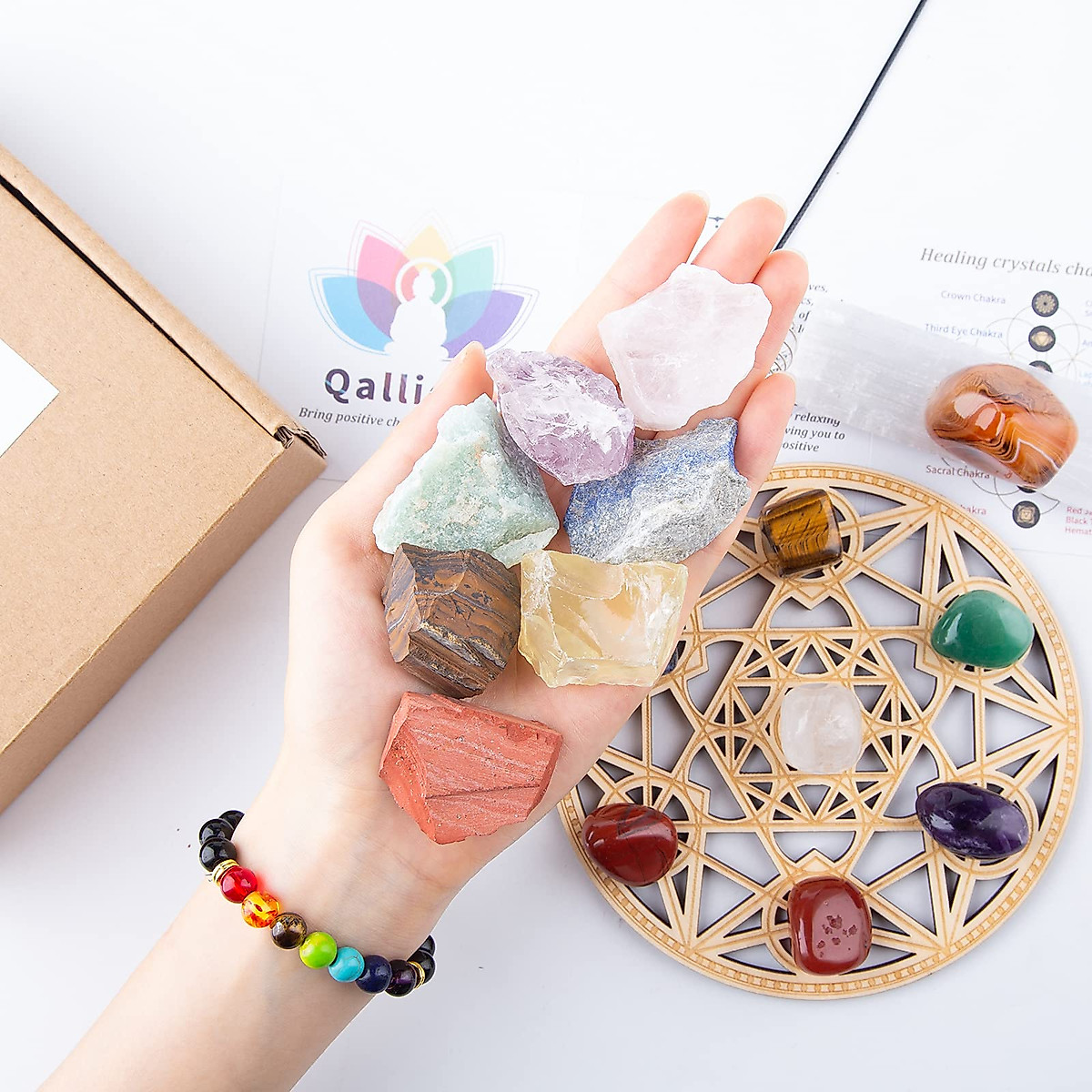 Crystals and Healing Stones, Healing Crystals for Beginners Set Gifts for Mothers Day, Include 7 Chakra Stones, 7 Tumbled Stones, Bracelet, Necklace, Selenite, Palo Santo for Positive Energy