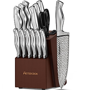 Knife Set, Damascus Kitchen Knife Set with Block, Built-in Knife Sharpener, German Stainless Steel Knife Block Set, Dishwasher Safe