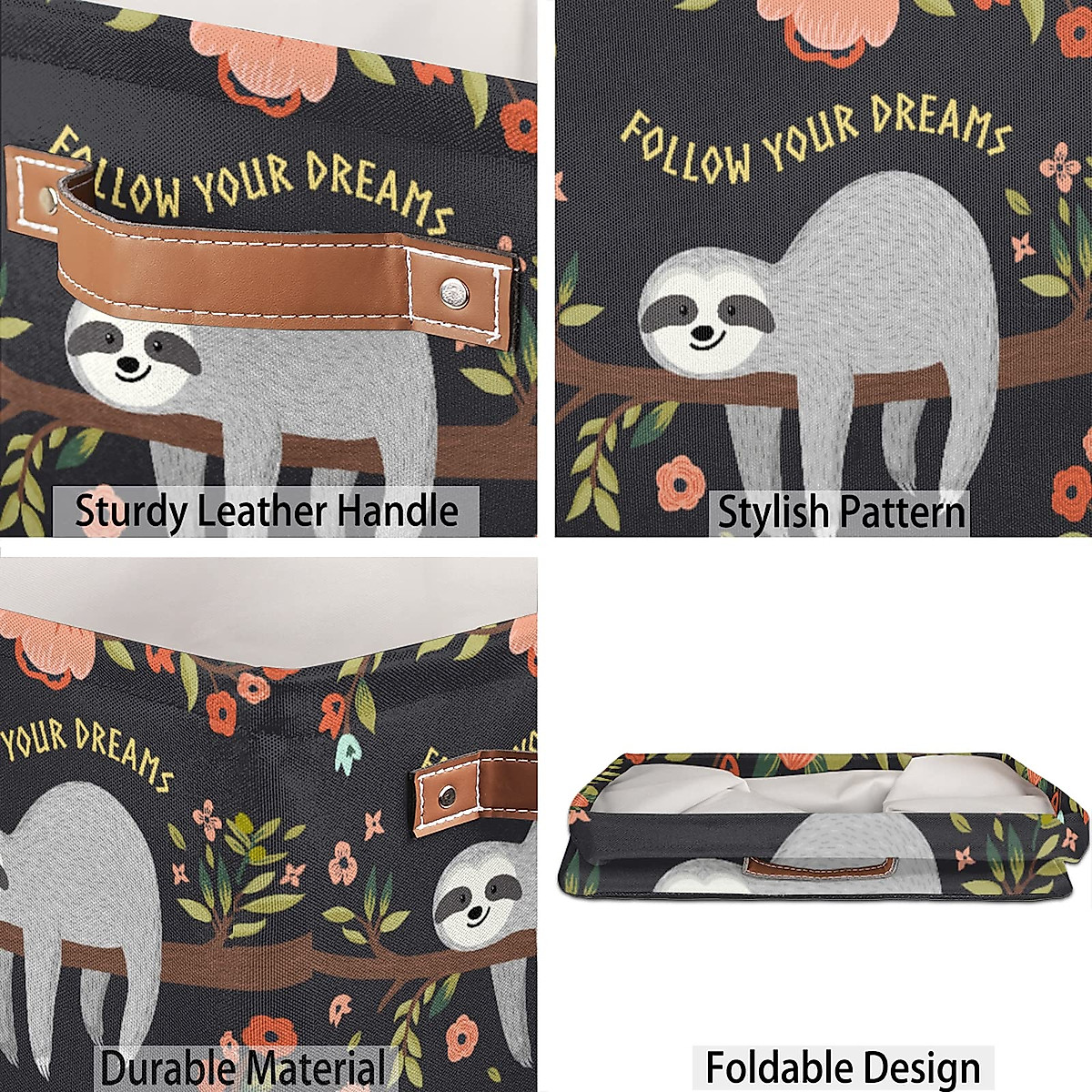 AUUXVA Follow Your Dream Quote Storage Basket for Closet, Cute Sloth Storage Bins with Handles, Foldable Storage Cube Boxes for Toys Shelves Pantry Nursery Organizing