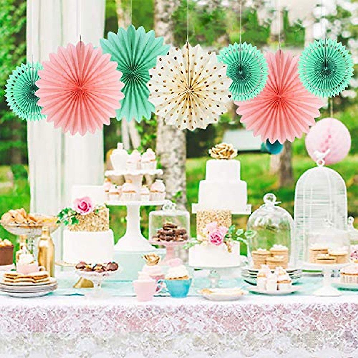 SUNBEAUTY Paper Fans Decorations Kit Wedding Bridal Shower Baby Shower Birthday Decoration Hanging Paper Honeycomb Decoration, Cream Mint Green Rose Pink 7pcs