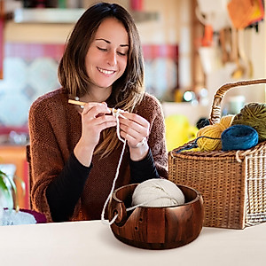 Wooden Yarn Bowl Holder, Craft Knitting Bowl with 8pcs Metal Crochet Hooks, 7.9''Large Yarn Holder Dispenser Yarn Storage Bowls, for Knitters & Crocheters (Brown 7.9 inch)