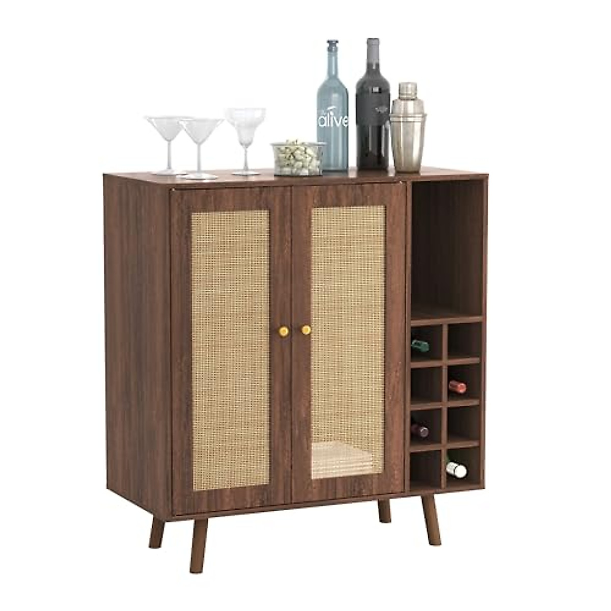 Atlantic Loft & Luv Remy Boho Mid-Century Bar Cabinet with Natural Rattan Panels with Storage, Walnut Finish