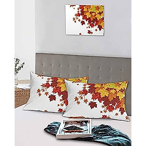 Edwiinsa Fallen Leaf Pillow Covers Standard Size Set of 2 Bed Pillow, Rustic Autumn Orange Ombre Maple Leaves Plush Soft Comfort for Hair/Skin Cooling Pillowcases with Envelop Closure 20''x26''