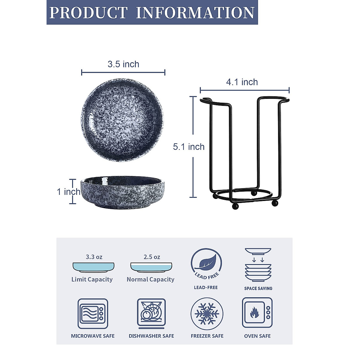 YJR Ceramic Japanese Side Dishes, Seasoning Dishes, Dipping Bowls - 3.5 Inch, with Metal Stand for Ketchup Soy Sauce BBQ Party, Set of 6, Blue