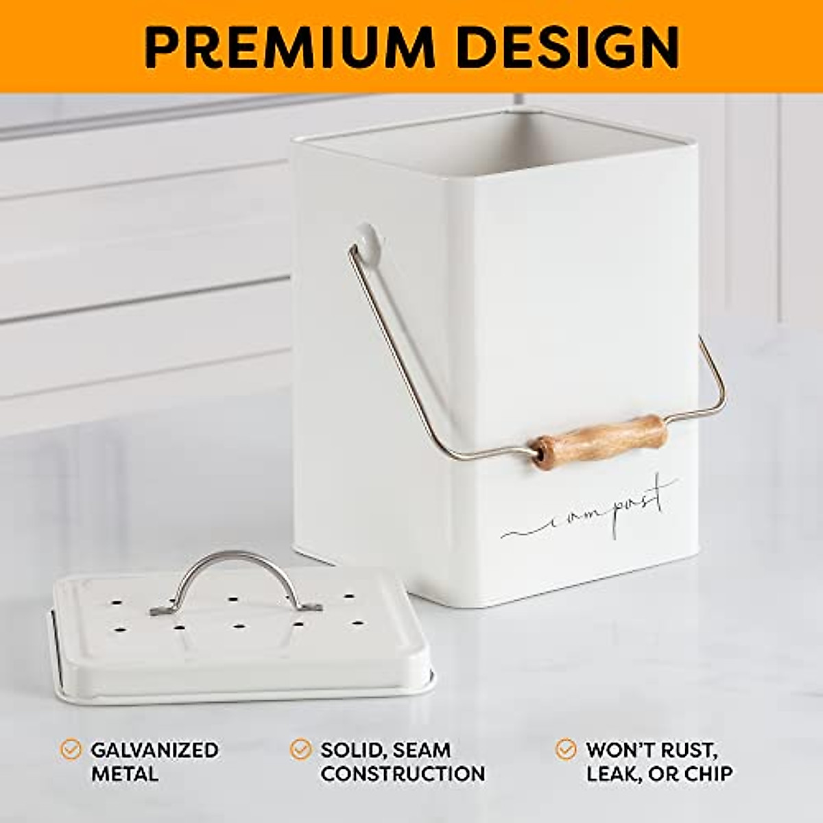 Compost Bin for Kitchen - Farmhouse Countertop Composting Container - 1.7 Gallon Carbon Steel Pail for Food Scraps - Metal Bucket with Lid, Wooden Handle & Charcoal Filter