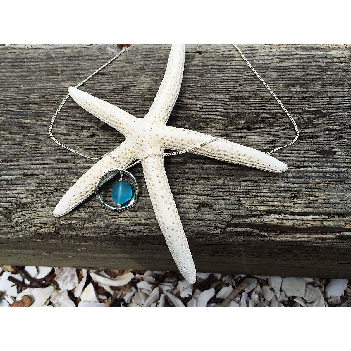 Ocean Waves Sea Glass Pendant Necklace, with sterling silver chain,Handmade Silver Plated Hoop with TumbledTurquoise Sea Glass