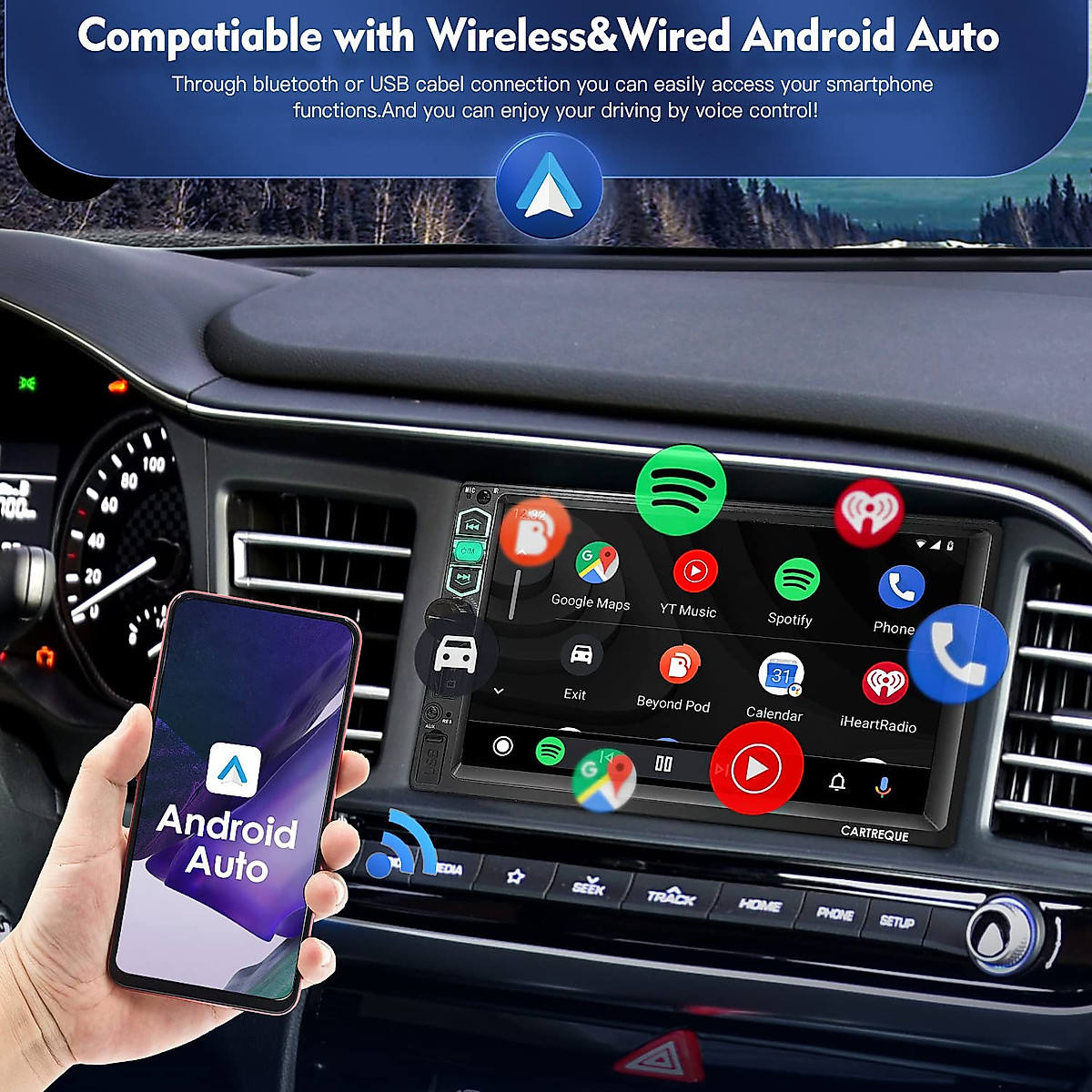 Double Din Car Stereo with Wireless Apple CarPlay and Android Auto, 7-Inch FHD Touchscreen Car Audio Receiver with Backup Camera, Bluetooth, Car Radio with FM, USB/TF/AUX Port, Mirror Link, Subwoofer