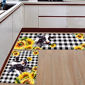 Beauty Decor 2 Piece Kitchen Mats Cushioned Kitchen Rug Farm Cow and Sunflower Black and White Buffalo Plaid Non Slip Thick Floor Comfort Mat Sets with Runner