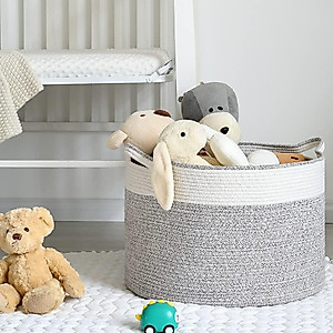 miberte Large Cotton Rope Basket-Throw Blanket Storage Basket 22" x 22" x 14" for Pillows in Living Room Woven Baby Laundry Basket with Handle,Nursery Basket Soft Toy Storage Basket Brown & White