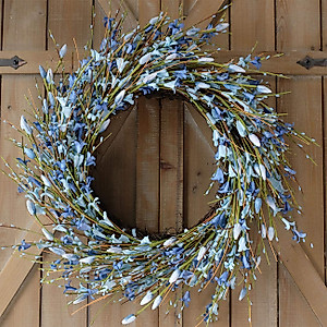 Bibelot 18inch Artificial Forsythia Flower Wreath, All Year Around Wreath for Front Door, Wedding Window Home Wall Indoor Front Door Decor (Blue, 18in)