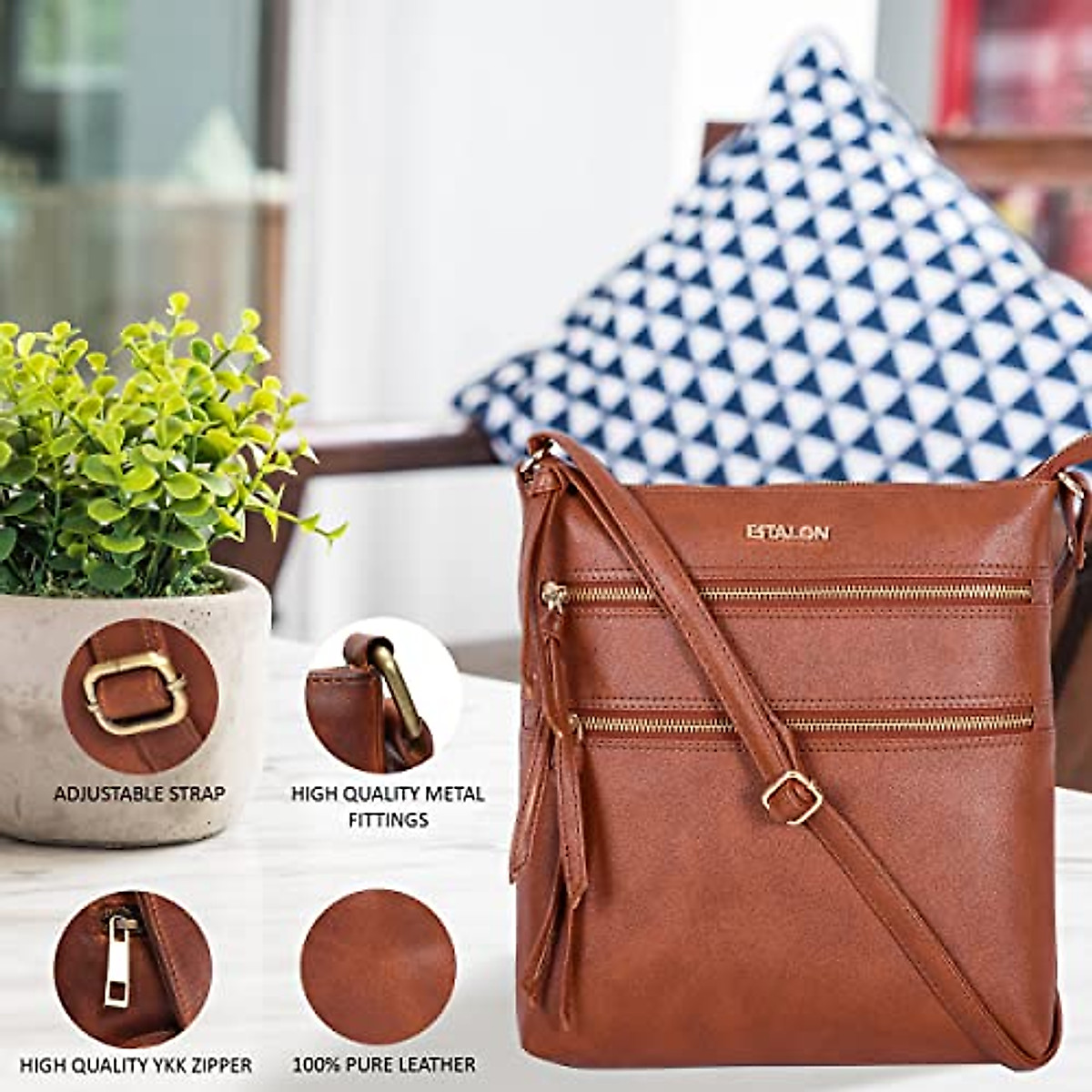 Leather Crossbody Bags for Women - Medium Crossover Purse Women's Handbag cross body Adjustable Shoulder Strap (Tan)