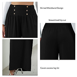 Pissente Women Wide Leg Trousers Shirred High Elastic Waist Button Decoration Casual Pants for Work Dating(XL-Black)