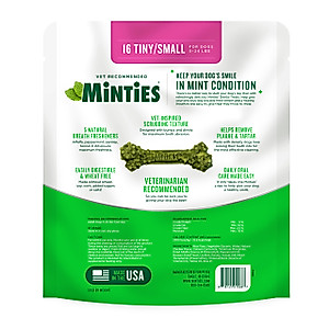 Minties Dental Chews for Dogs, 16 Count, Vet-Recommended Mint-Flavored Dental Treats for Tiny/Small Dogs 5-24 lbs, Dental Bones Clean Teeth, Fight Bad Breath, and Removes Plaque and Tartar