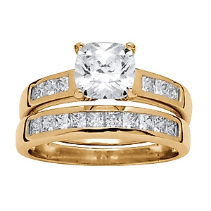 PalmBeach 18K Yellow Gold or Platinum Plated Sterling Silver 2 Piece Cushion Cut Cubic Zirconia Bridal Ring Set Size 10
