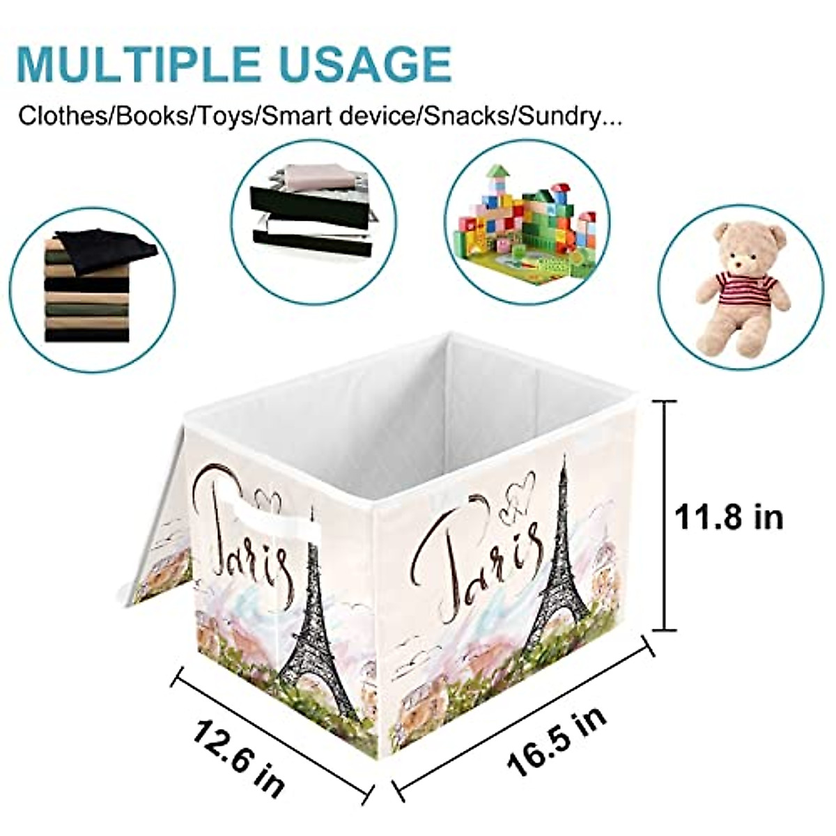 CaTaKu Paris Eiffel Tower Storage Bins with Lids and Handles, Fabric Large Storage Container Cube Basket with Lid Decorative Storage Boxes for Organizing Clothes