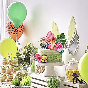 UFROMSKY 22pcs Safari Jungle Animal Cake Toppers Flower Balls Cake Decoration with Boho Palm Leave Forest Animal Toys and Artificial Flowers for Boys Girls Safari Theme Birthday Party Supplies