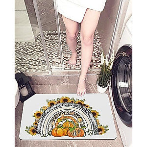 Thanksgiving Day Super Absorbent Bath Rugs for Bathroom,Durable Floor Mat Laundry Rug, Clearance Mats for for Kitchen, Non Slip Carpt Doormats 20"x32", Leopard Pumpkins Sunflowers Fall Theme