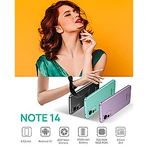 Ulefone Unlocked Smartphone, Note 14 Cell Phone Unlocked, Android 12, 6.52" IPS Full-Screen, 4500mAh, 7GB + 16GB, Triple Card Slots, 8MP Camera, Dual SIM, Face Recognition, 4G Cheap Phones - Green